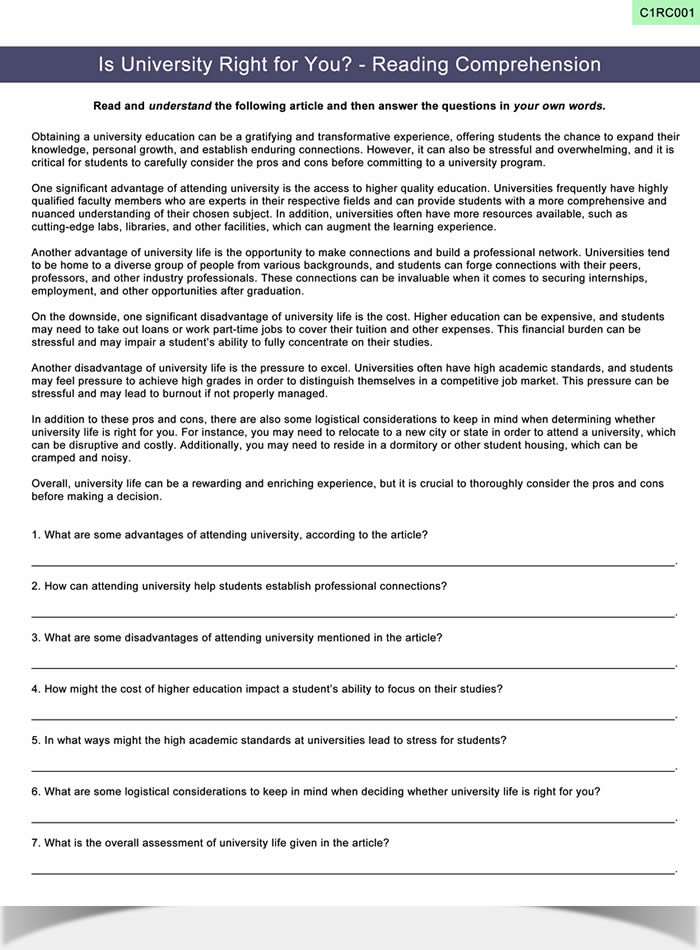 Esl Comprehension Worksheets