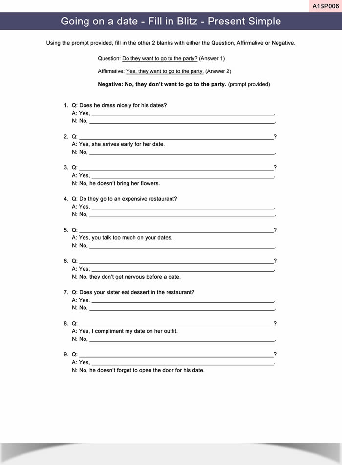 Simple Present Worksheet – A1SP006 – ESL EFL Classroom material – Toony ...